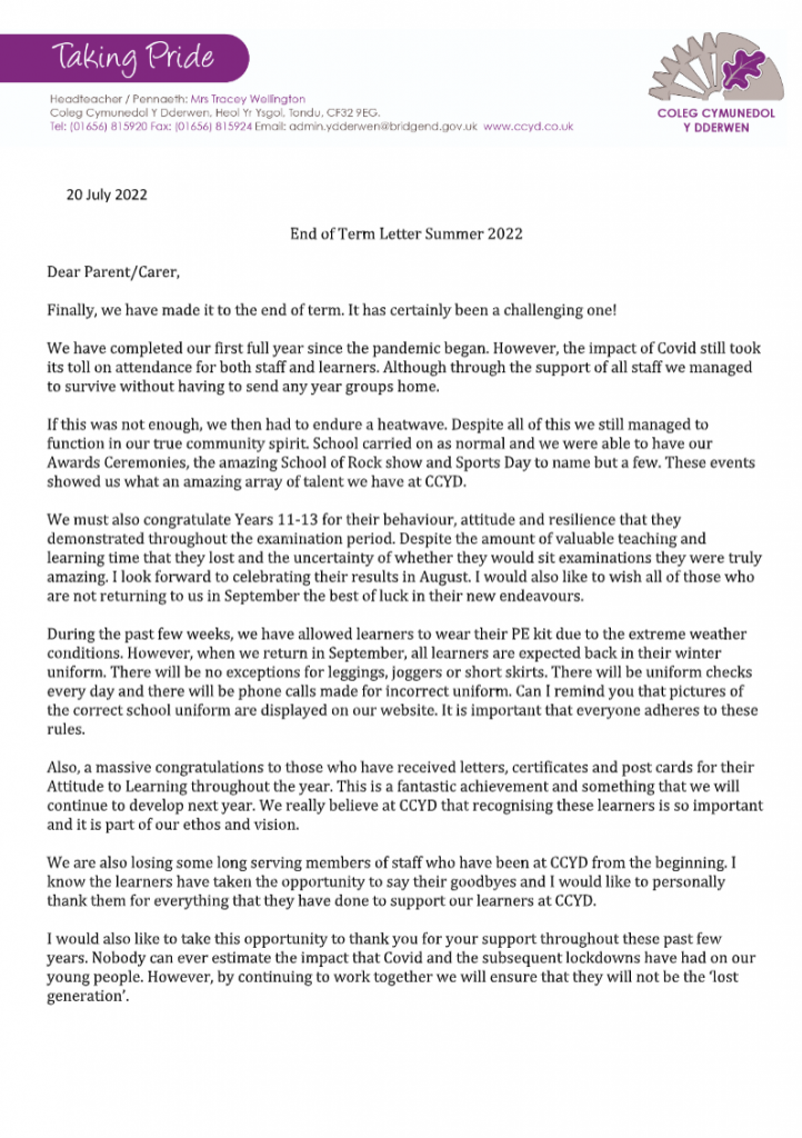 End of Term Letter Summer 2022