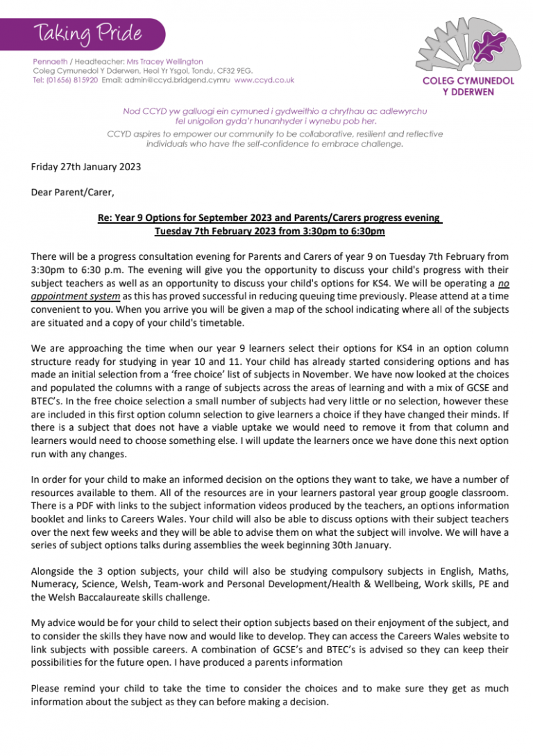 Year 9 Options Letter
