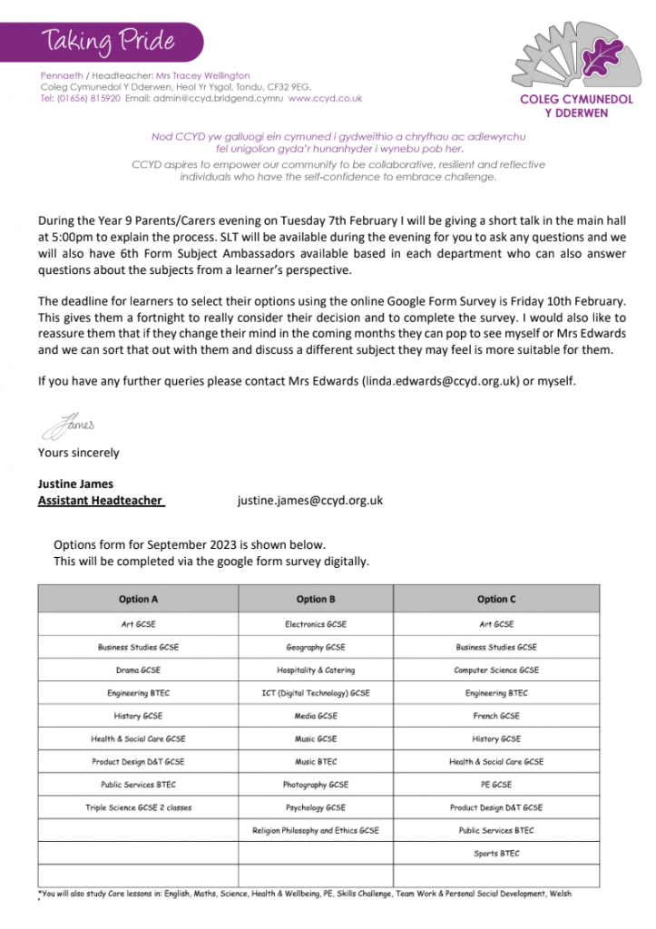 Year 9 Options Letter